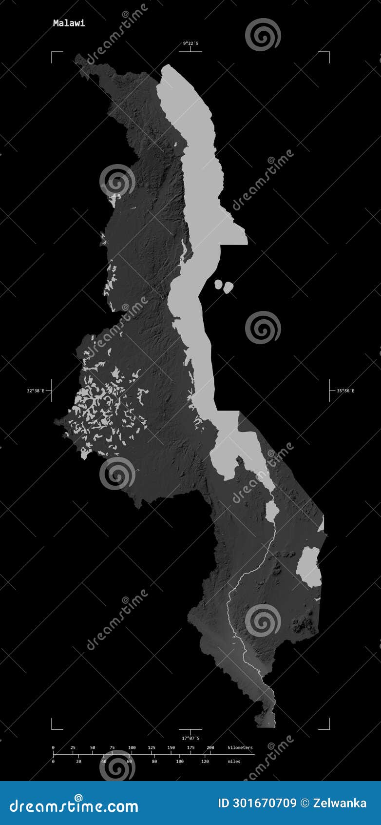 Malawi Shape on Black. Grayscale Stock Illustration - Illustration of ...