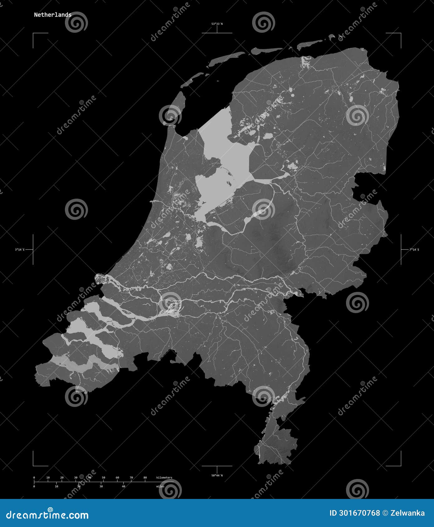 Netherlands Shape on Black. Grayscale Stock Illustration - Illustration ...