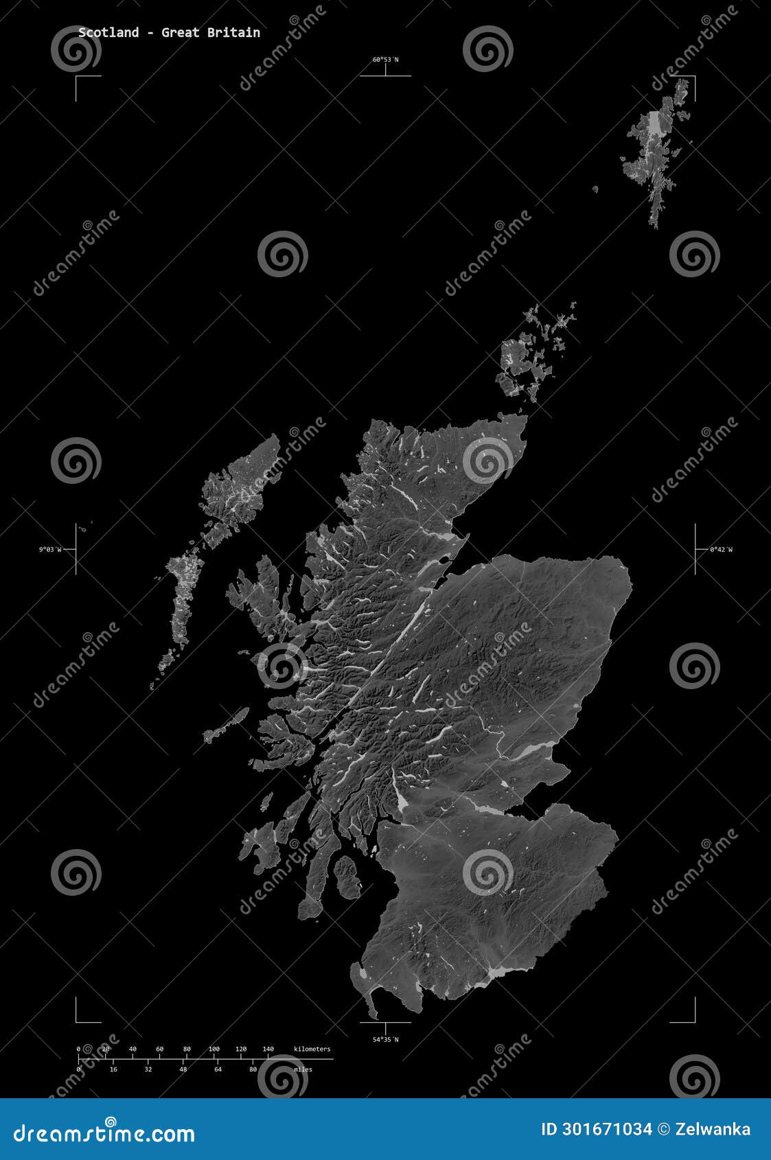 Scotland - Great Britain Shape on Black. Grayscale Stock Illustration ...