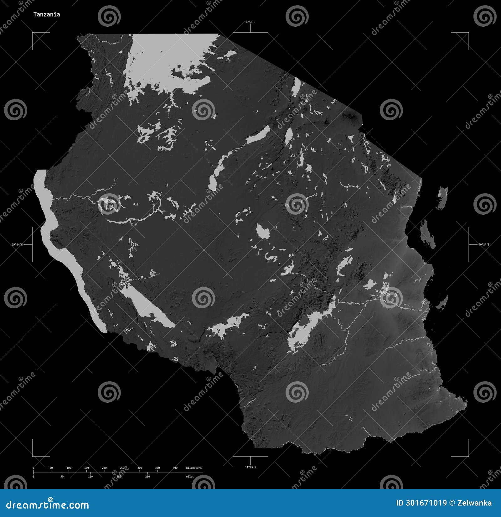 Tanzania Shape on Black. Grayscale Stock Illustration - Illustration of ...