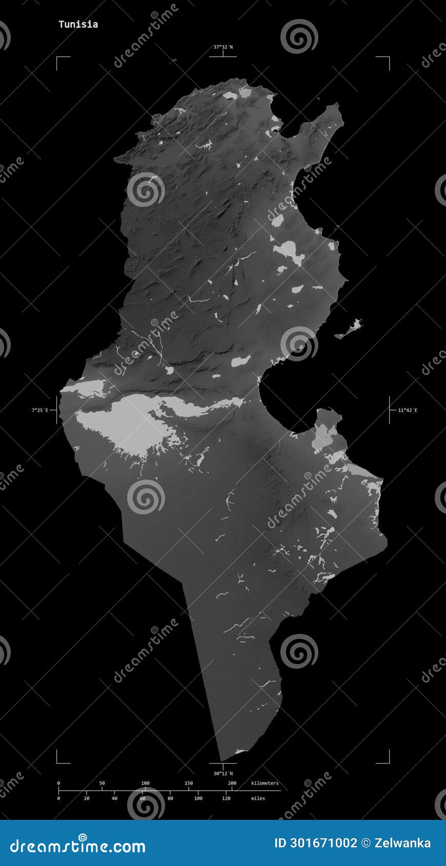 Tunisia Shape on Black. Grayscale Stock Illustration - Illustration of ...