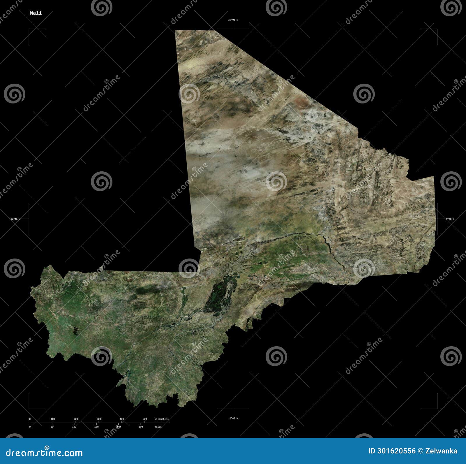 Mali Shape on Black. High-res Satellite Stock Illustration ...