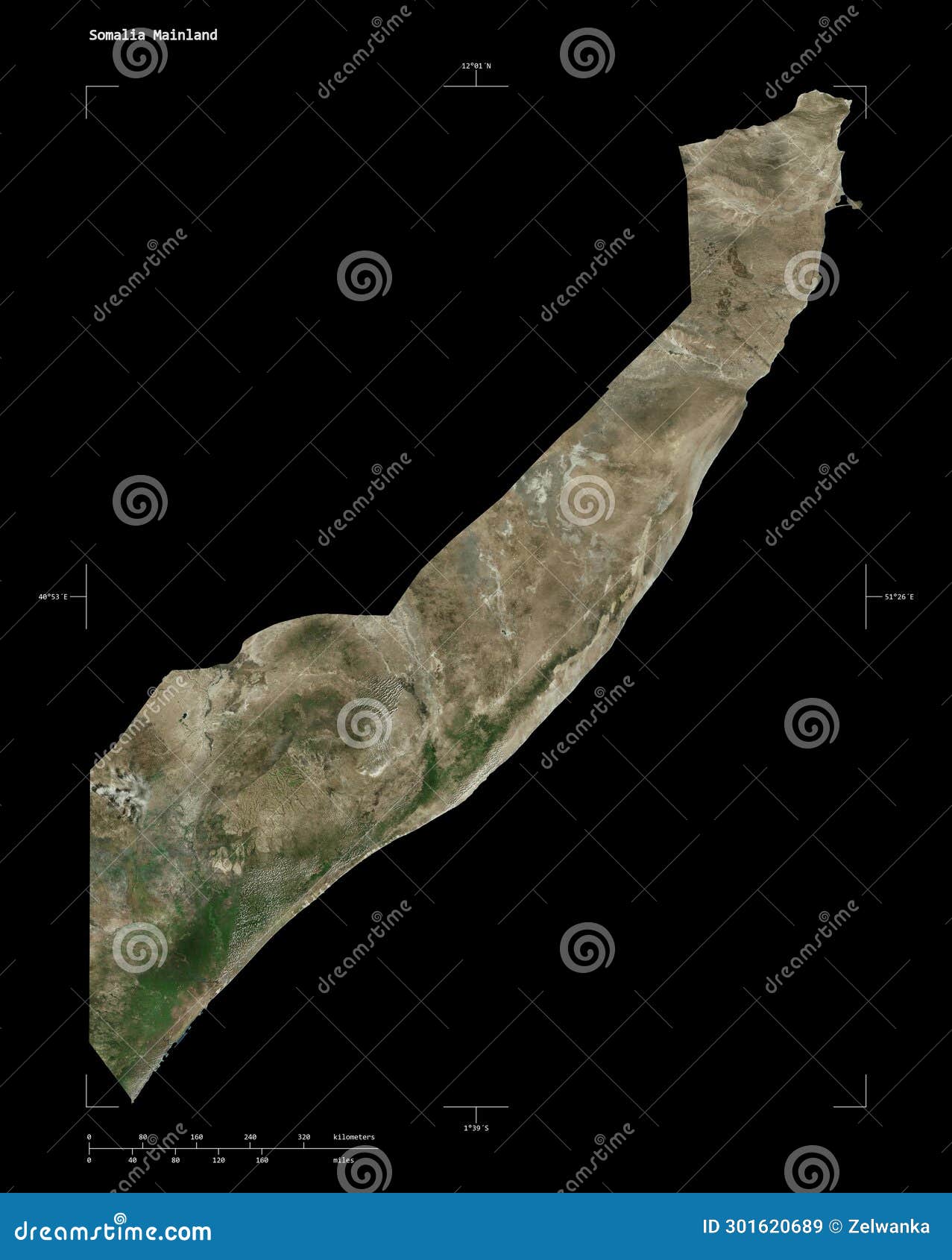 Somalia Mainland Shape on Black. High-res Satellite Stock Illustration ...