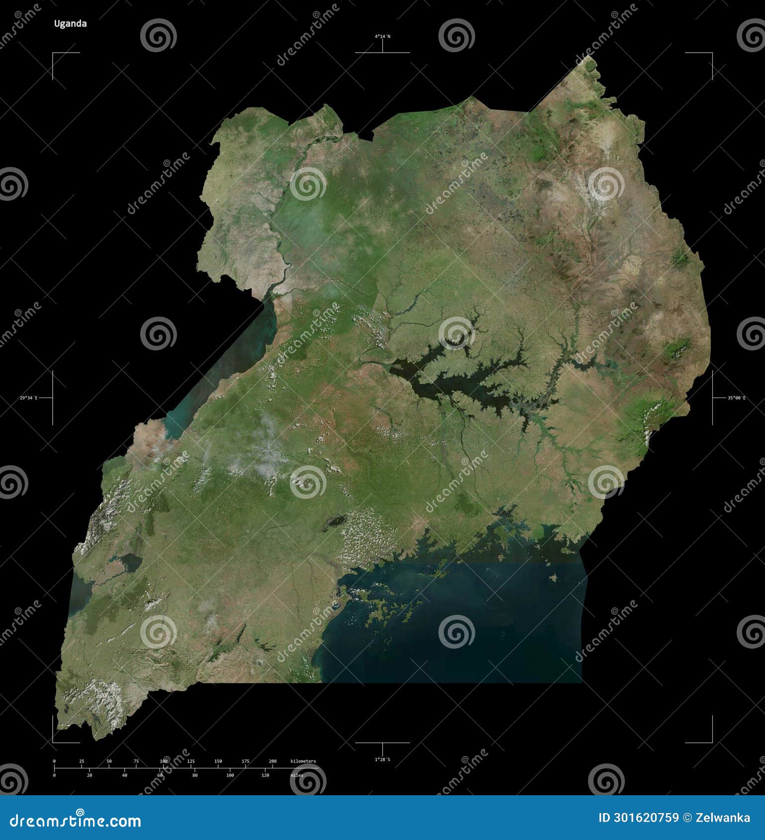 Uganda Shape on Black. High-res Satellite Stock Illustration ...