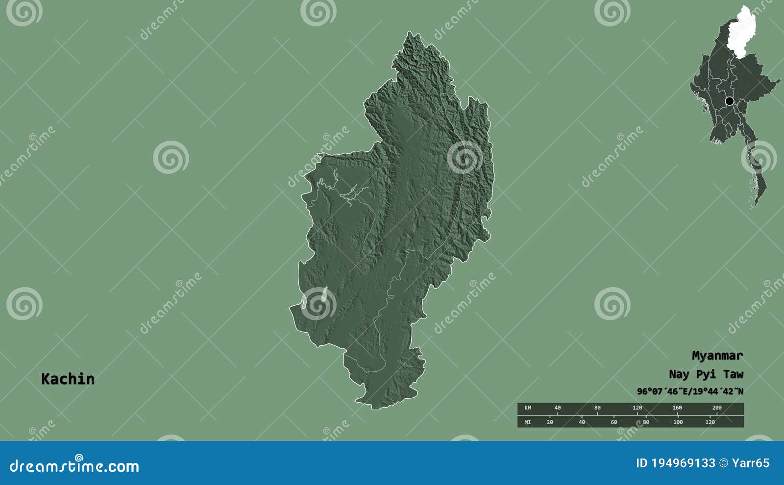 Kachin, State of Myanmar, Zoomed. Administrative Stock Illustration ...