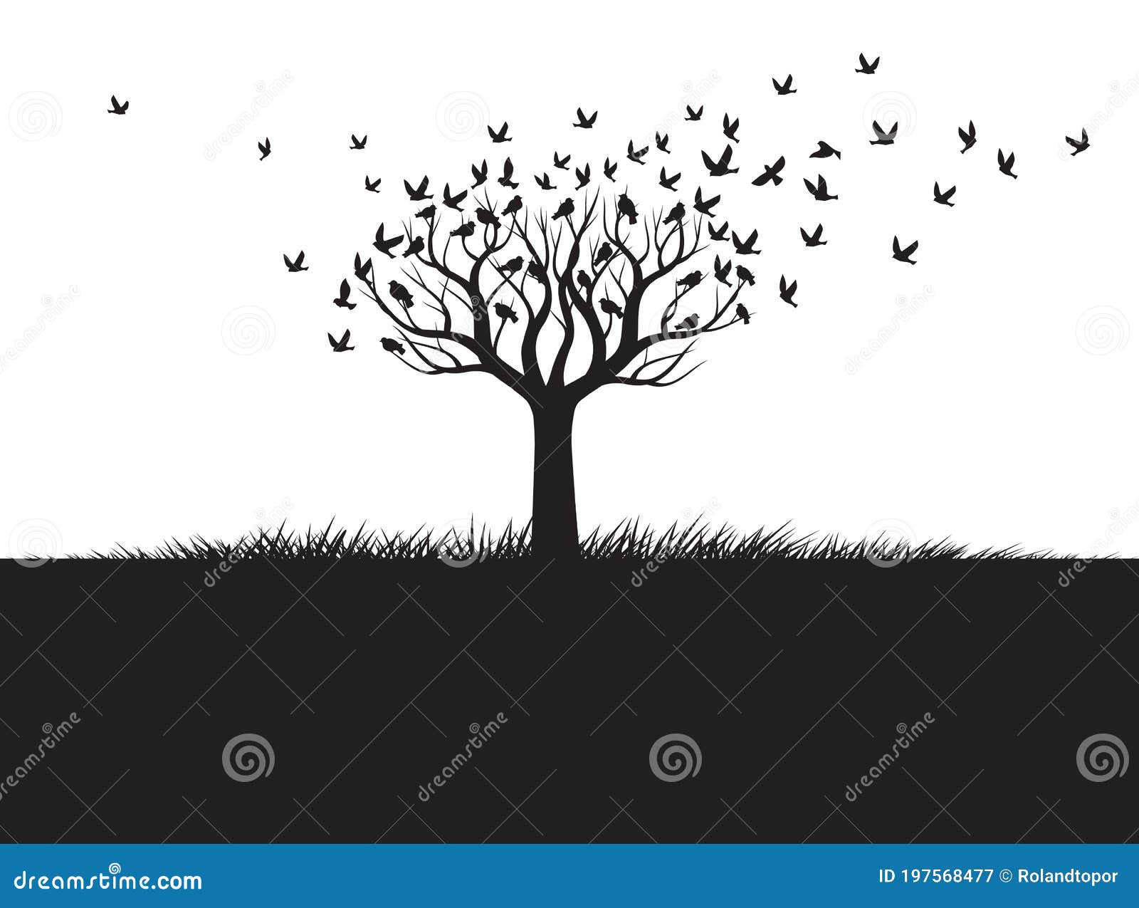 Shape of Tree, Wind and Black Birds. Vector Outline Illustration Stock ...