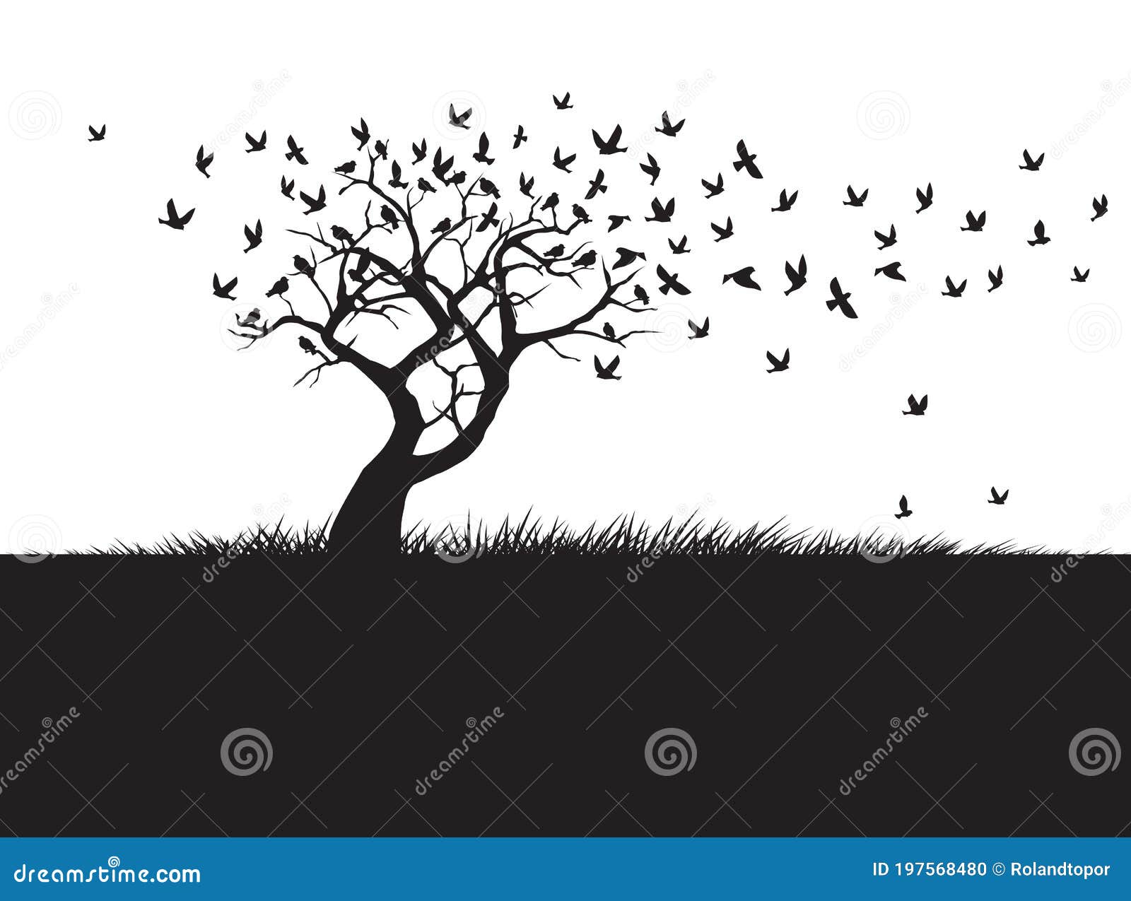 Shape of Tree, Wind and Black Birds. Vector Outline Illustration Stock ...