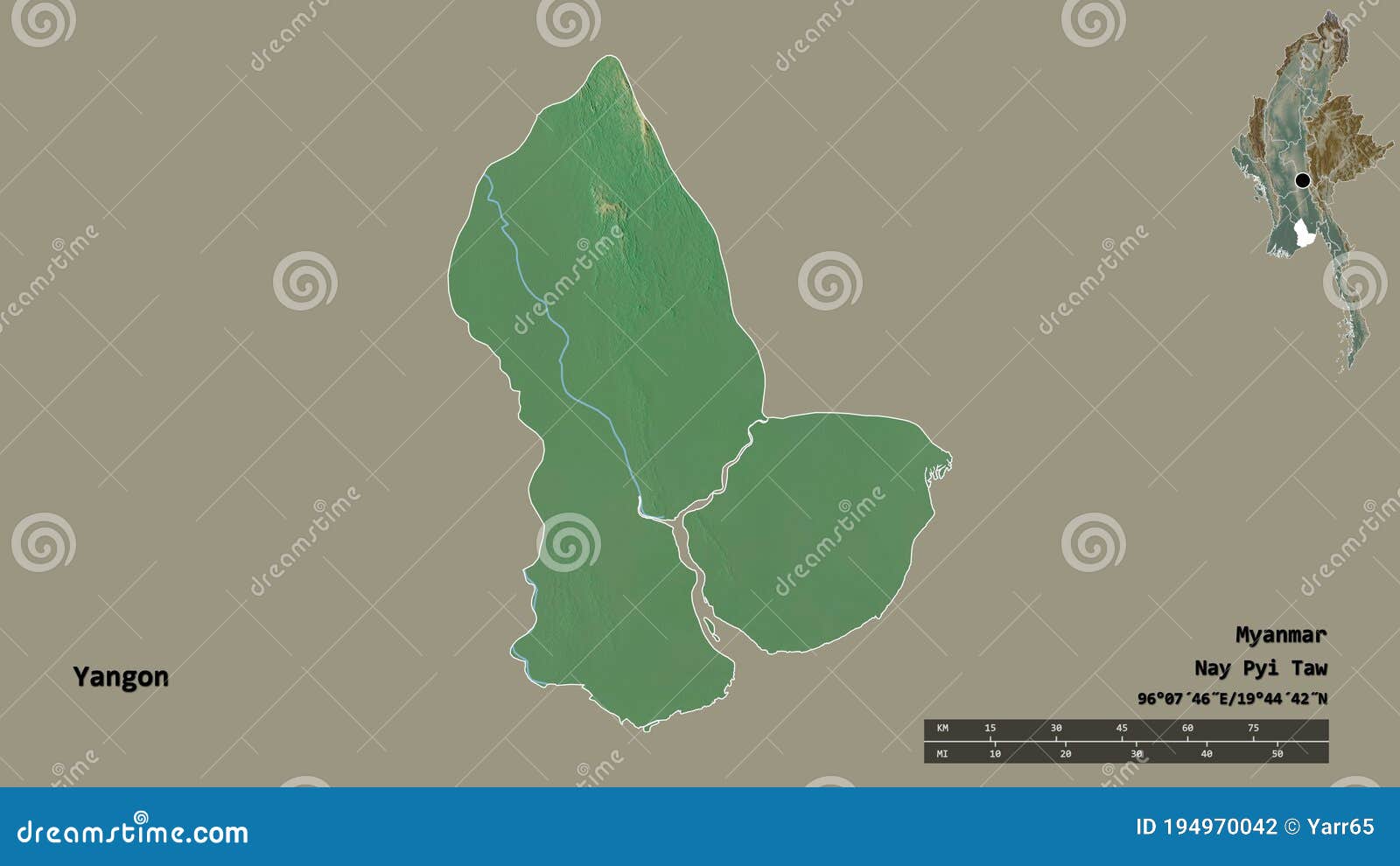 Yangon, Division of Myanmar, Zoomed. Relief Stock Illustration ...