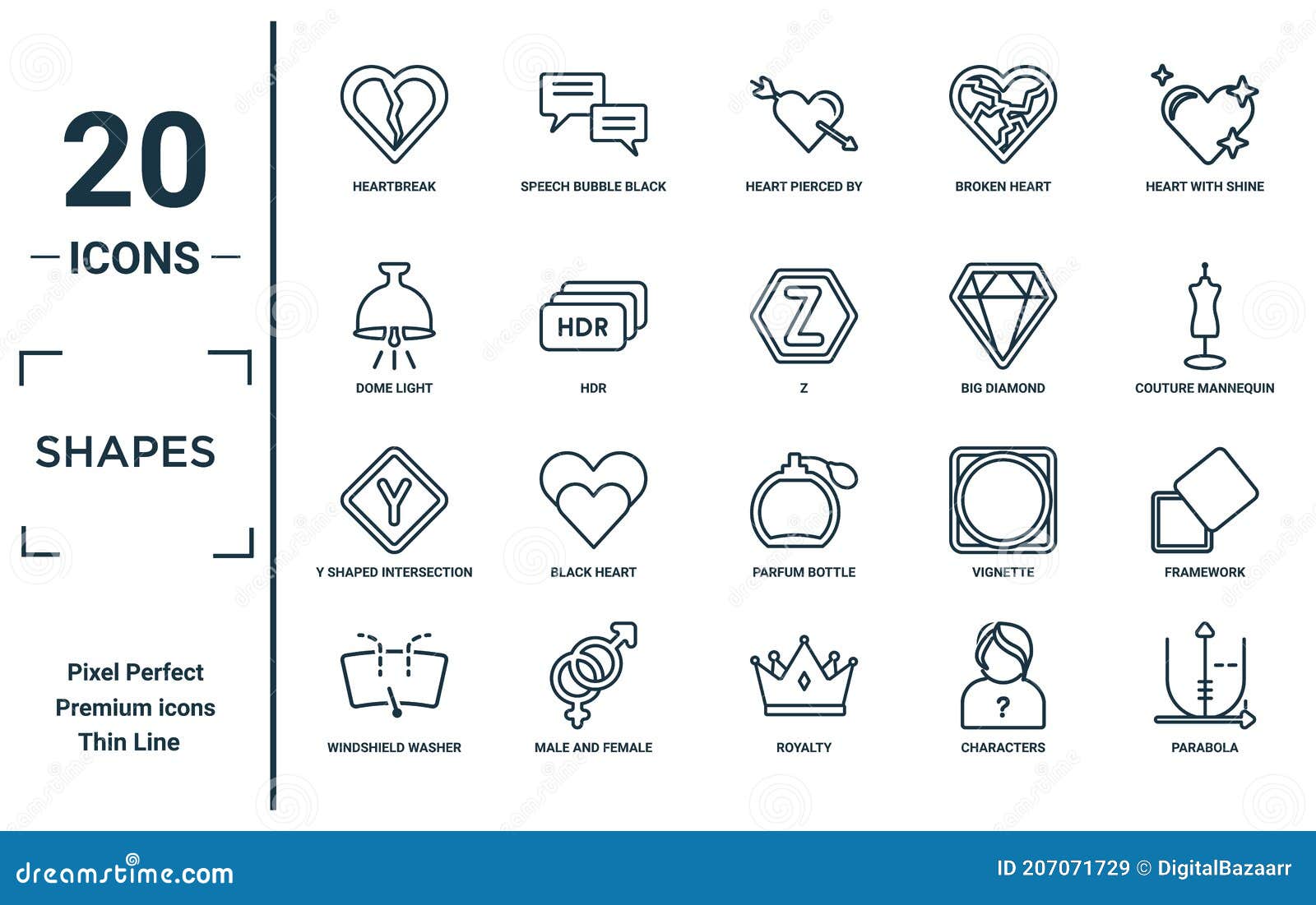 Shapes Linear Icon Set. Includes Thin Line Heartbreak, Dome Light, Y ...