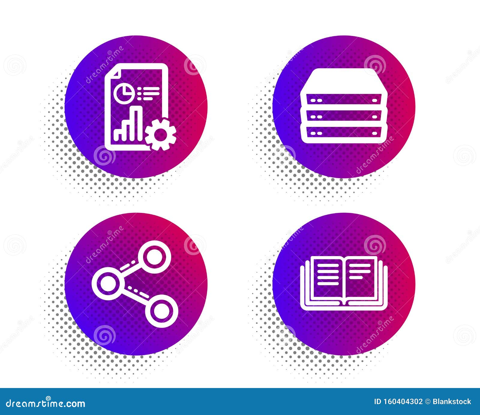Share, Servers and Report Icons Set. Education Sign. Follow Network, Big Data, Presentation ...
