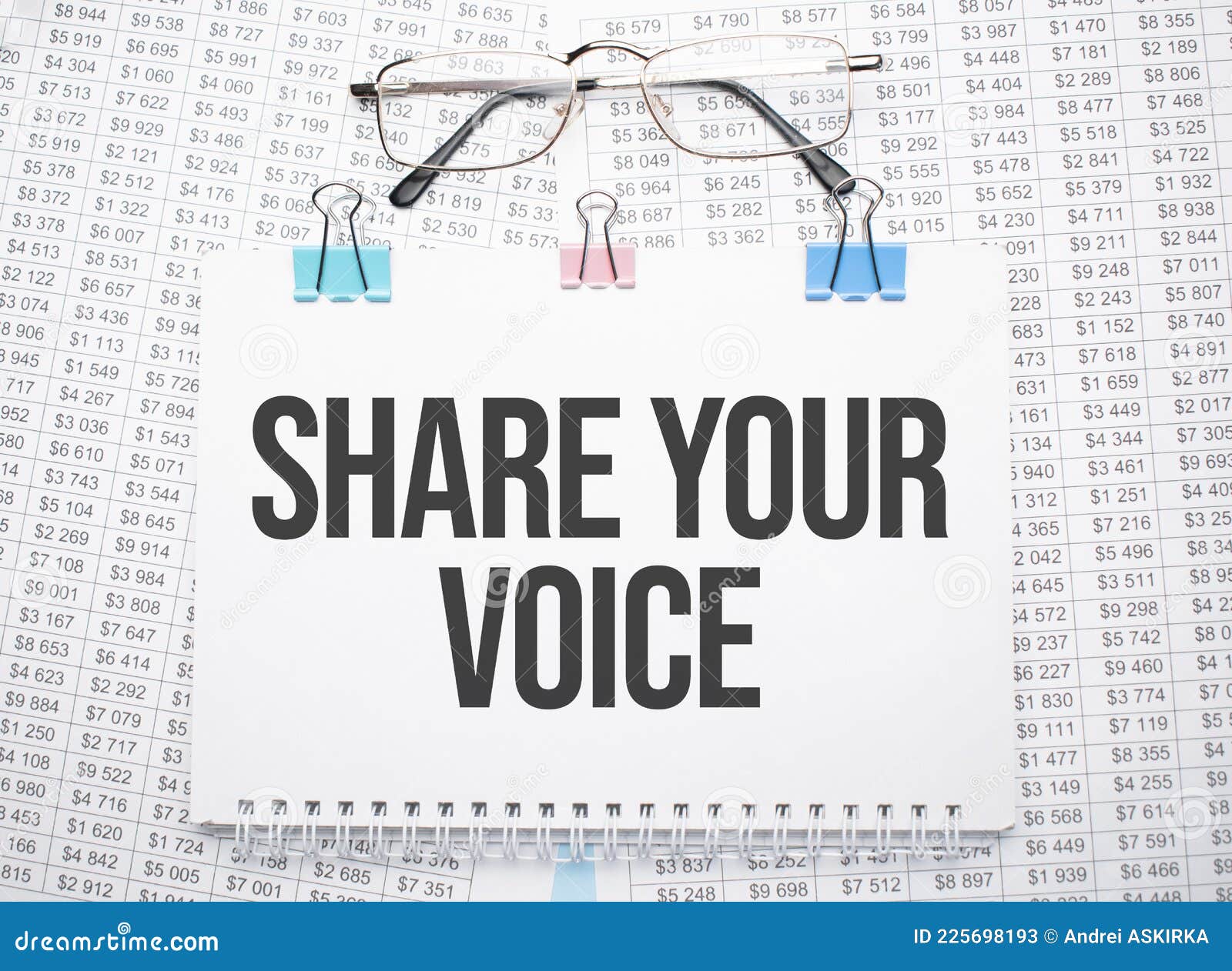 SHARE YOUR VOICE Text Written on Paper with Pen and Glasses Stock Image ...