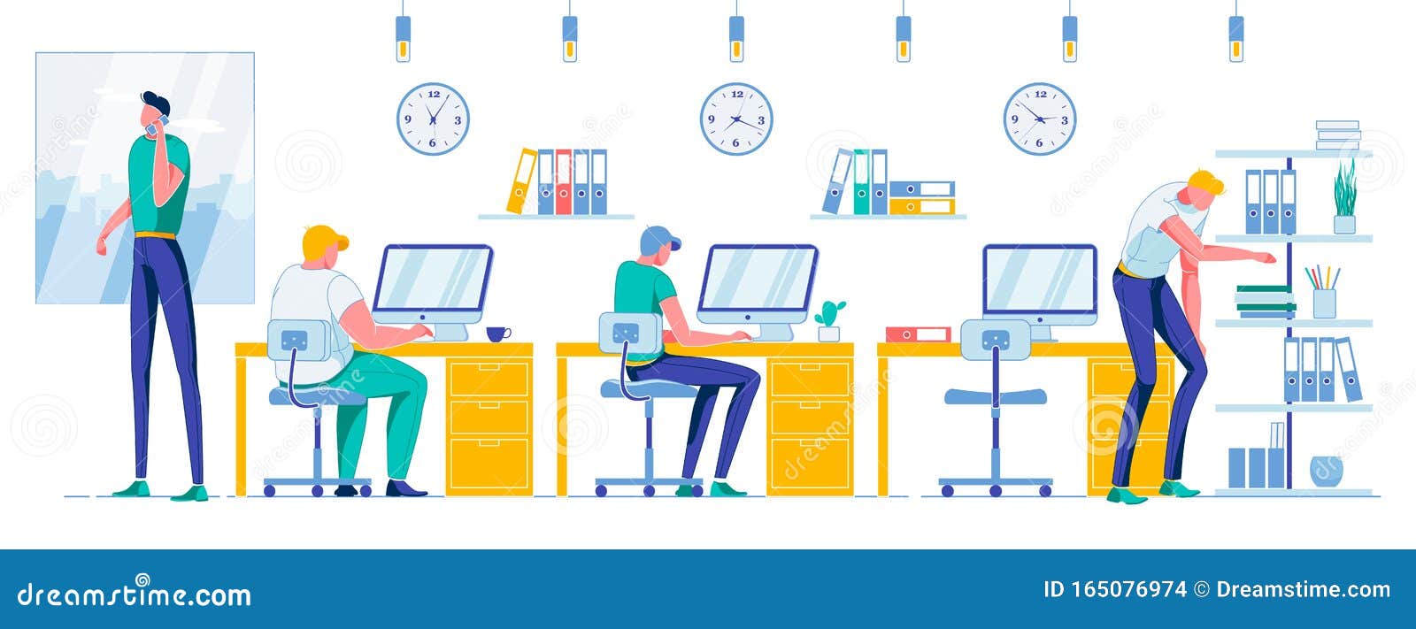 Shared Office Space and Colleagues Team Working Stock Vector ...