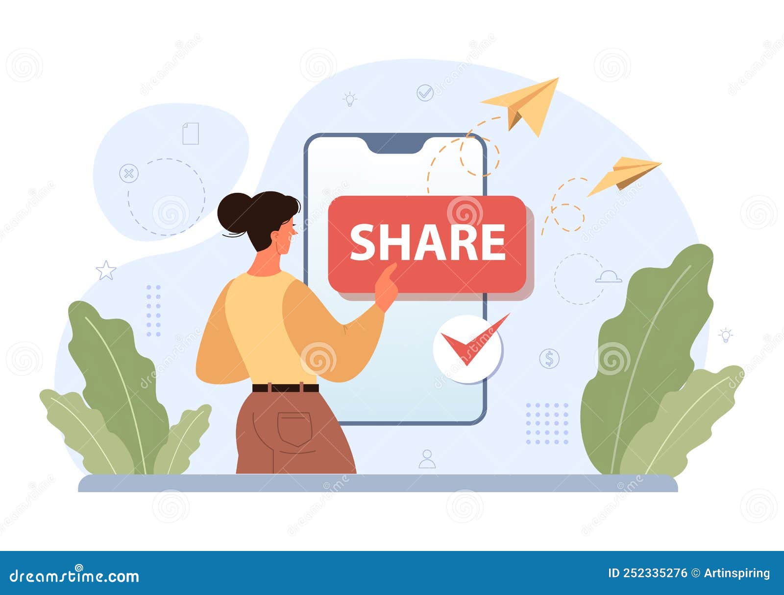 Sharing Concept. Character Using Devices To Share Posts in Social Stock ...