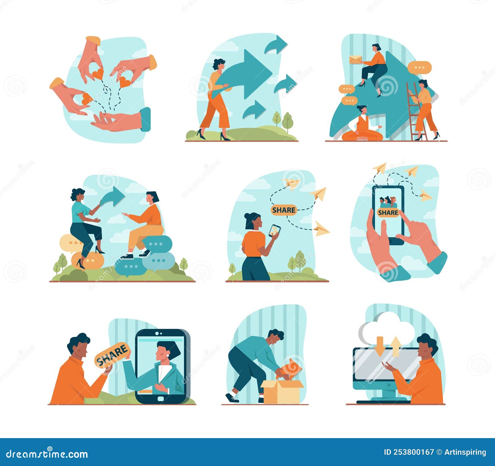 Sharing Concept Set. Character Using Devices To Share Posts in Social ... Sharing Concept Set. Character Using Devices To Share Posts in Social ...