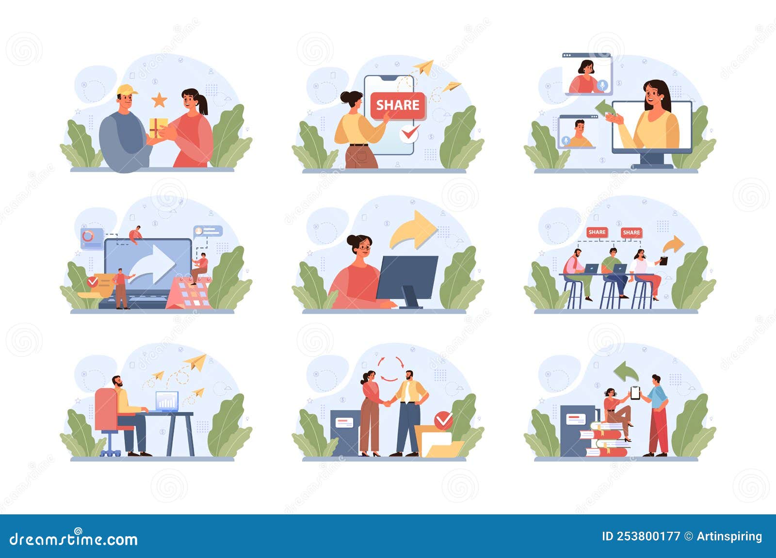 Sharing Concept Set. Character Using Devices To Share Posts in Social ...