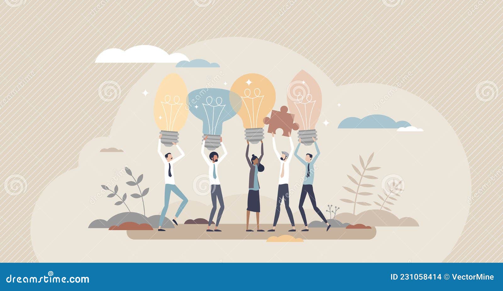 Sharing Ideas with Creative and Innovative Teamwork Bulbs Tiny Person ...