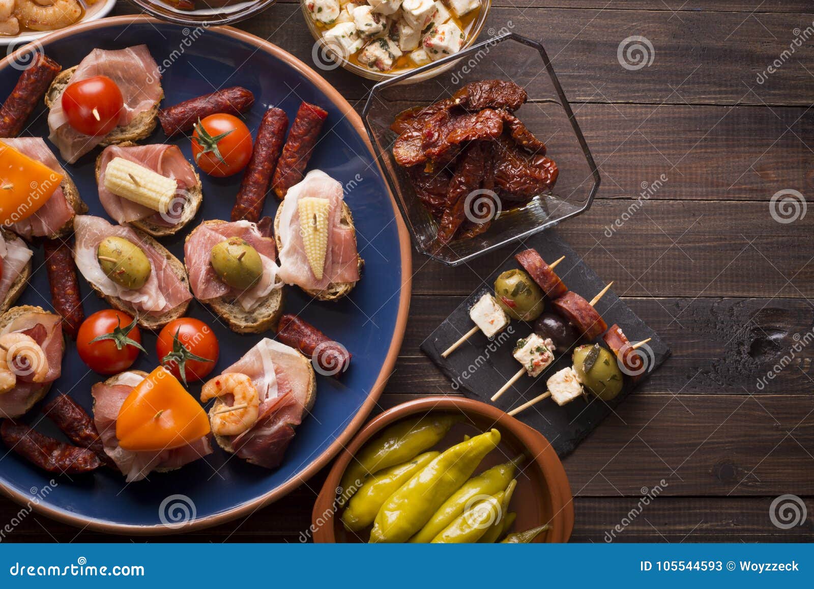 Spanish tapas on table stock image. Image of food, meat - 105544593