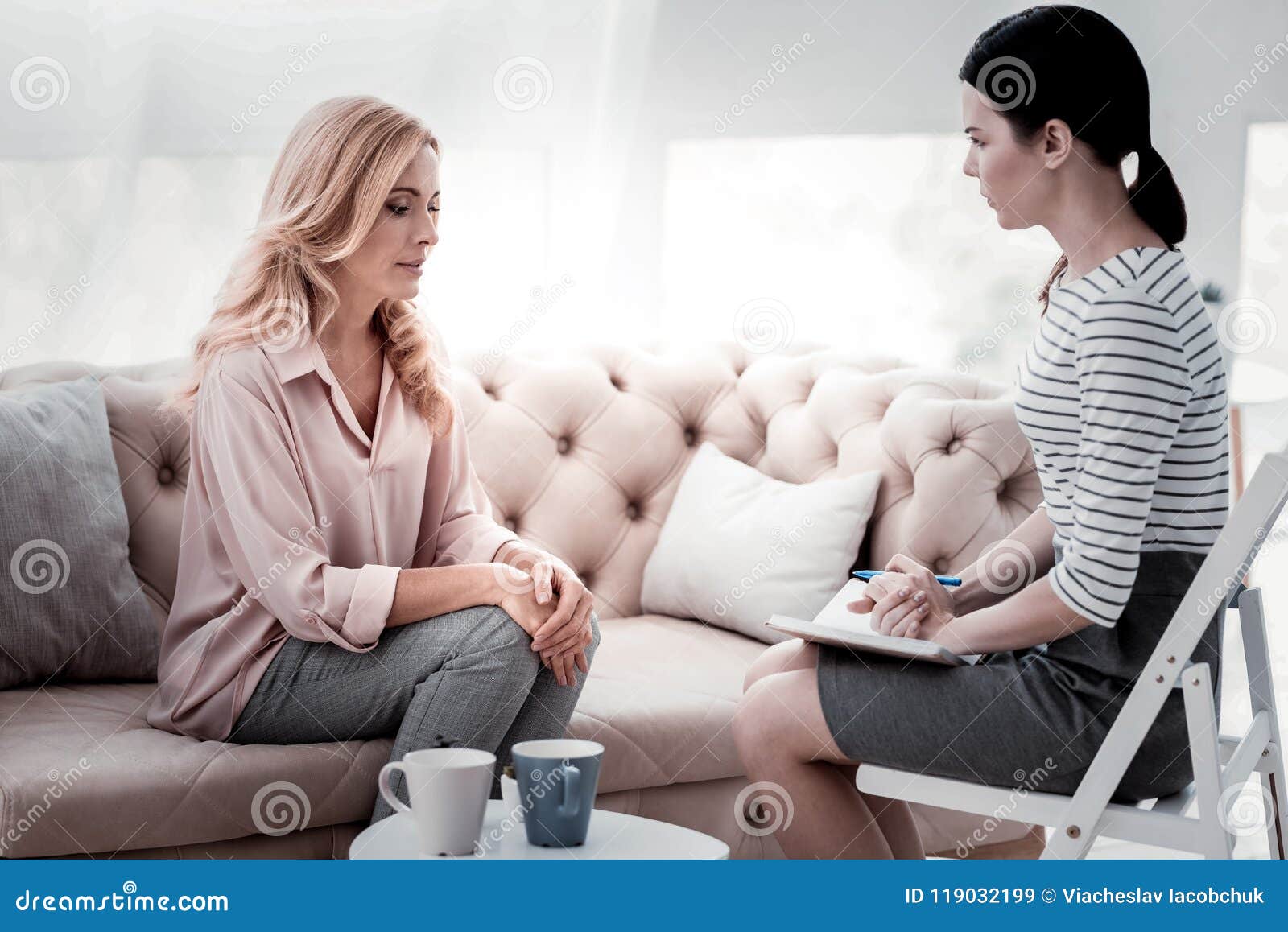 Downhearted Woman Visiting Professional Psychologist Stock Image ...