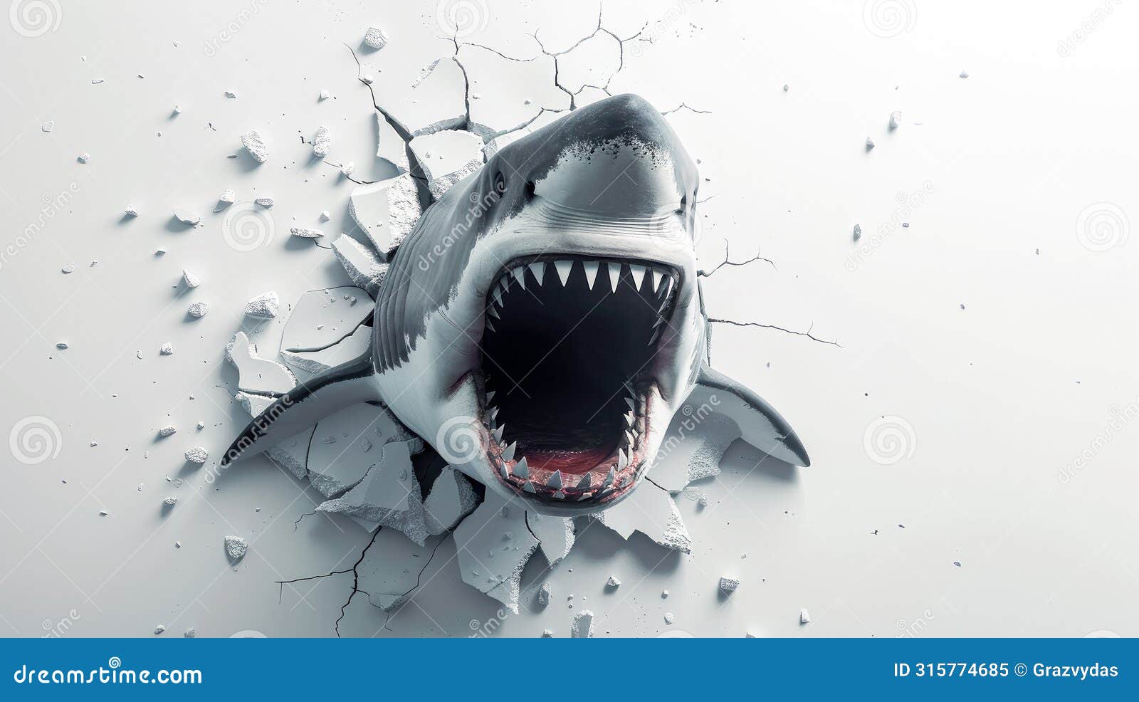 A Shark Breaking Down a White Wall Stock Illustration - Illustration of ...