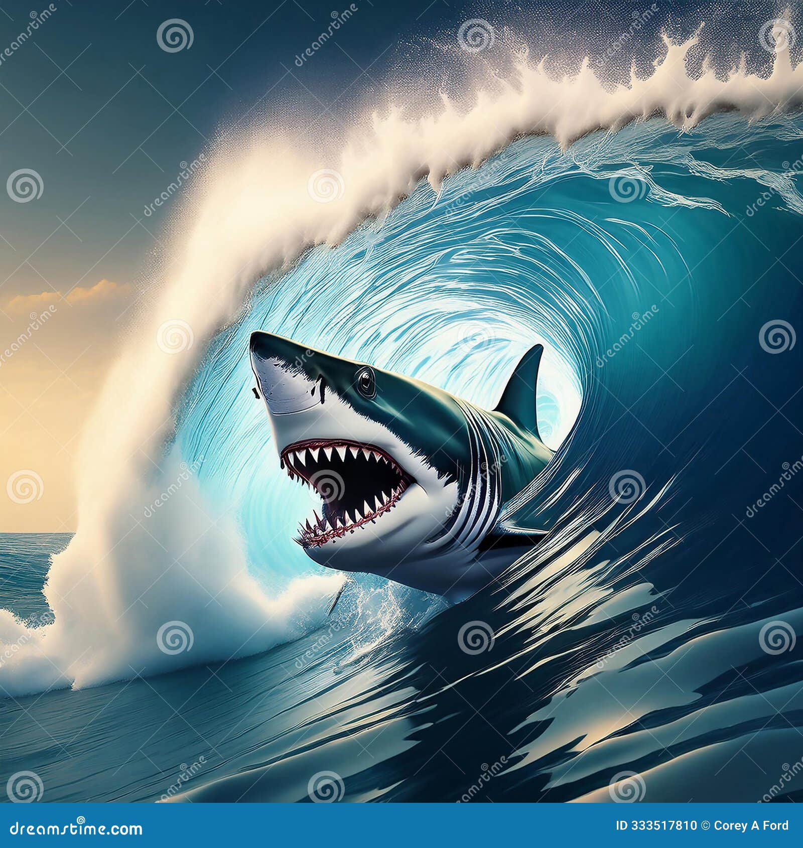 Shark Bump and Bite with Rolling Crashing Ocean Wave Stock Illustration ...