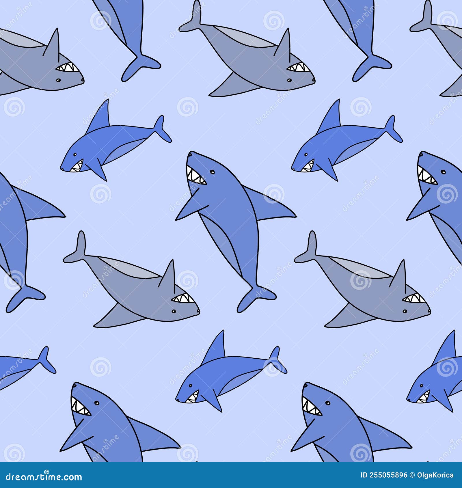 Shark Cute Design with Marine Predator Blue Gray Shark, Seamless ...