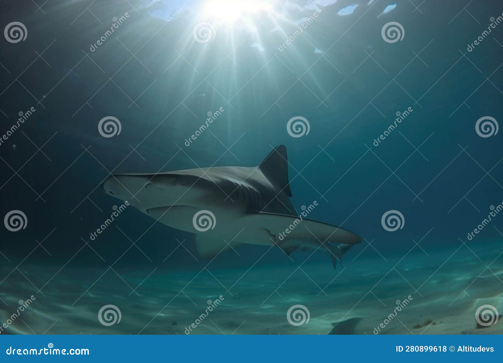 Shark Dives Underwater and Looks at Rays Swimming Overhead Stock Photo ...