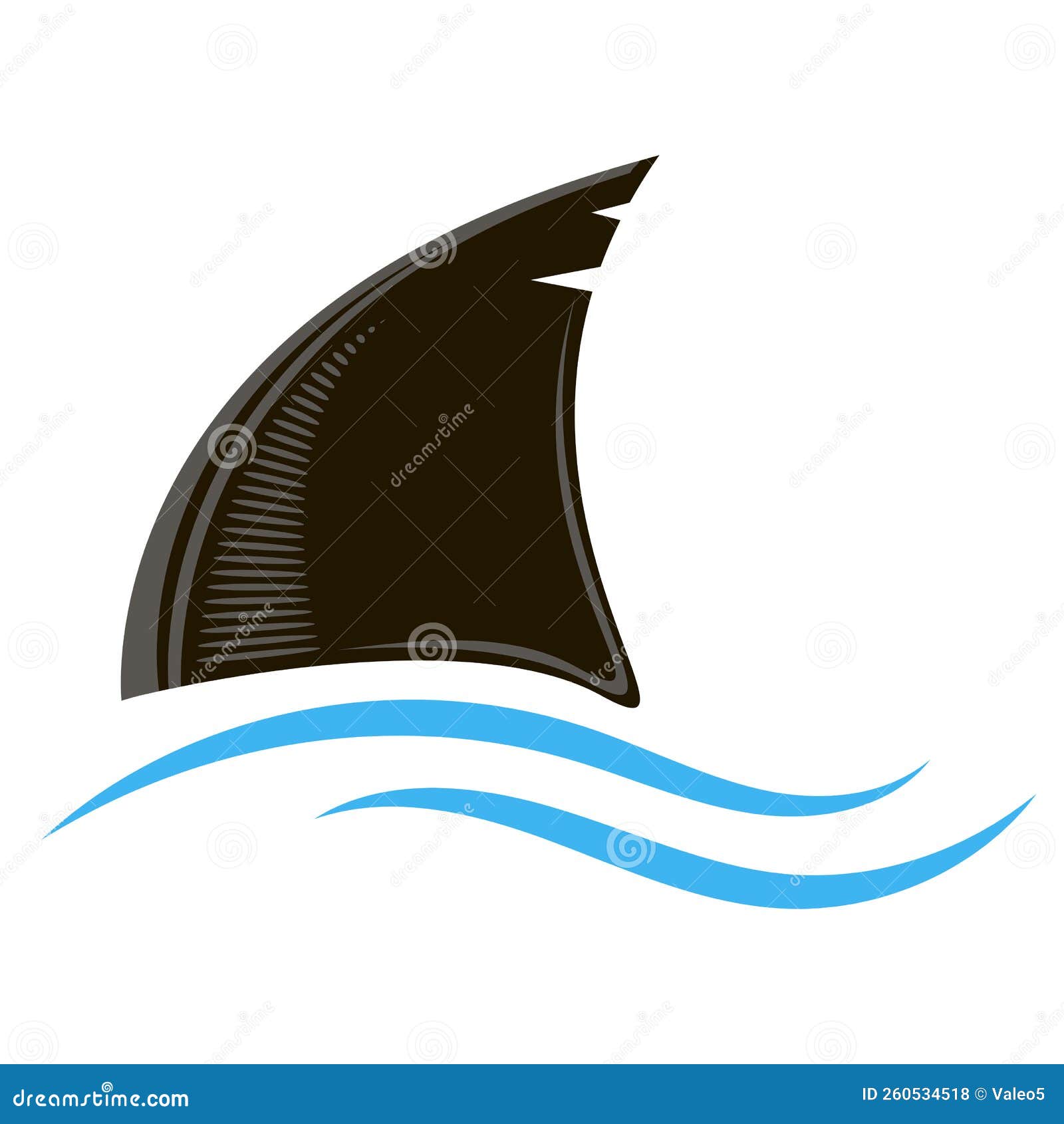 Shark Fin Silhouette Icon and Blue Waves Isolated on White Background ...