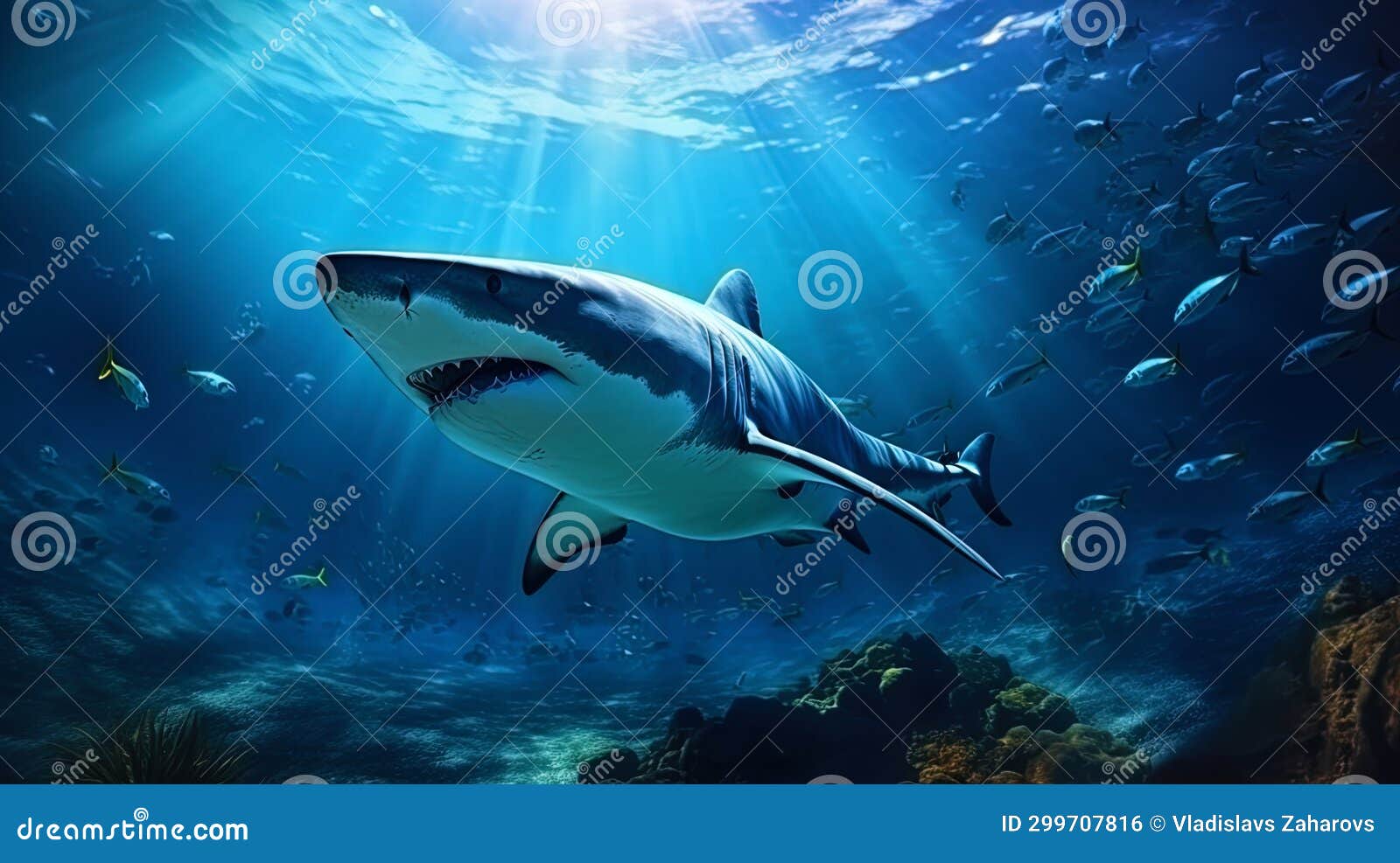 Shark Floating in the Endless Depths of the Ocean Stock Illustration ...