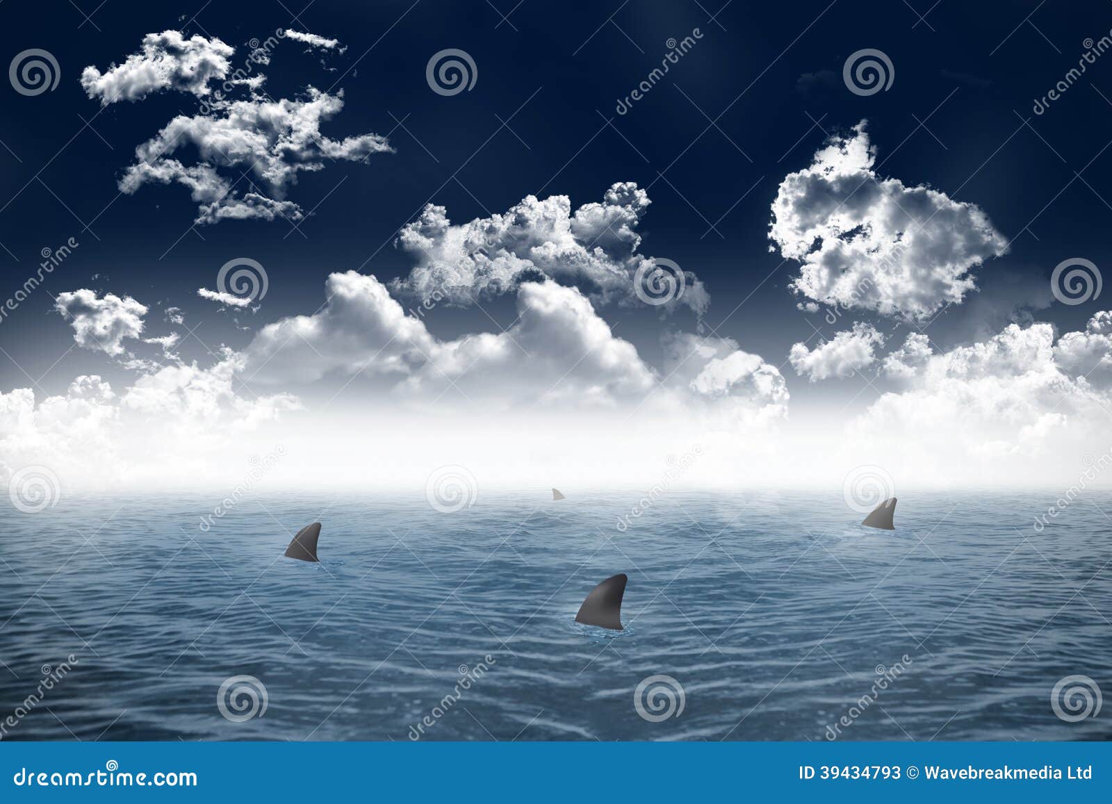 Shark Infested Sea Under Dark Sky Stock Illustration - Illustration of ...