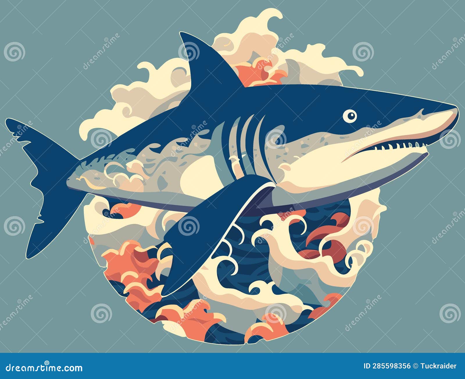 Shark With Japanese Wave Pattern Vector Illustration | CartoonDealer ...