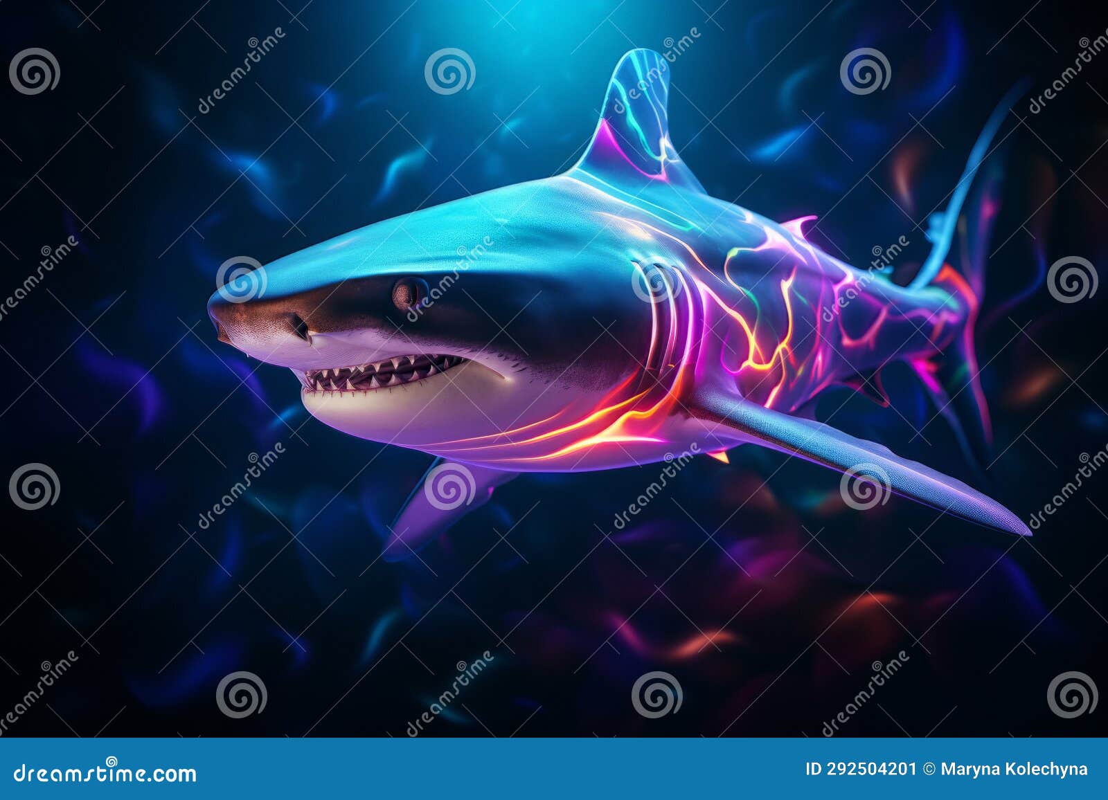 Shark in Neon Lights. Fantasy Illustration of Glow Shark in the Ocean ...