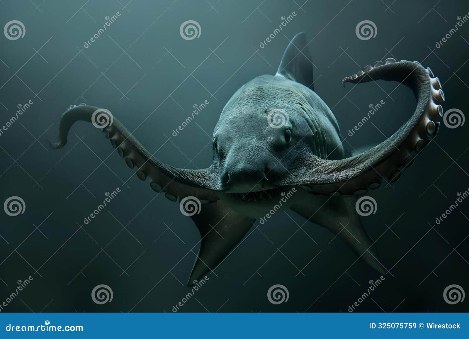 Shark with Octopus Tentacles in a Dark Ocean Environment. Stock ...