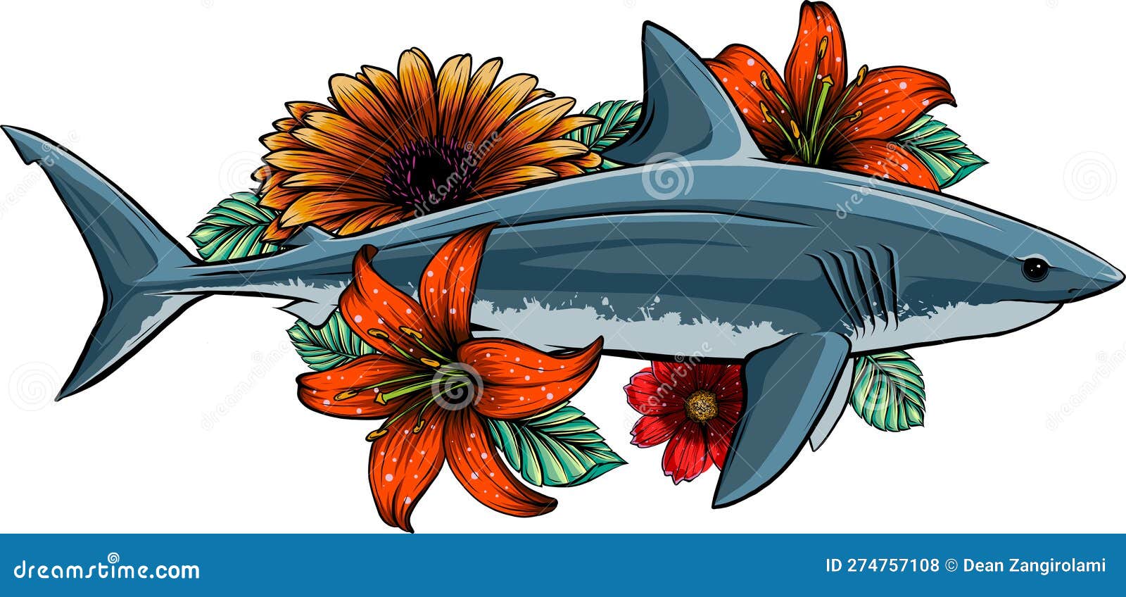 Shark Outline with Flowers and Leaves Design Stock Vector ...