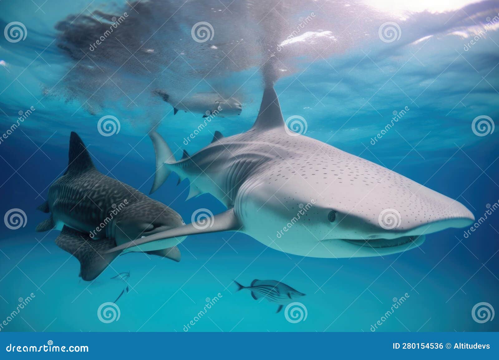 Shark and Ray Swimming Together, Side by Side Stock Illustration ...