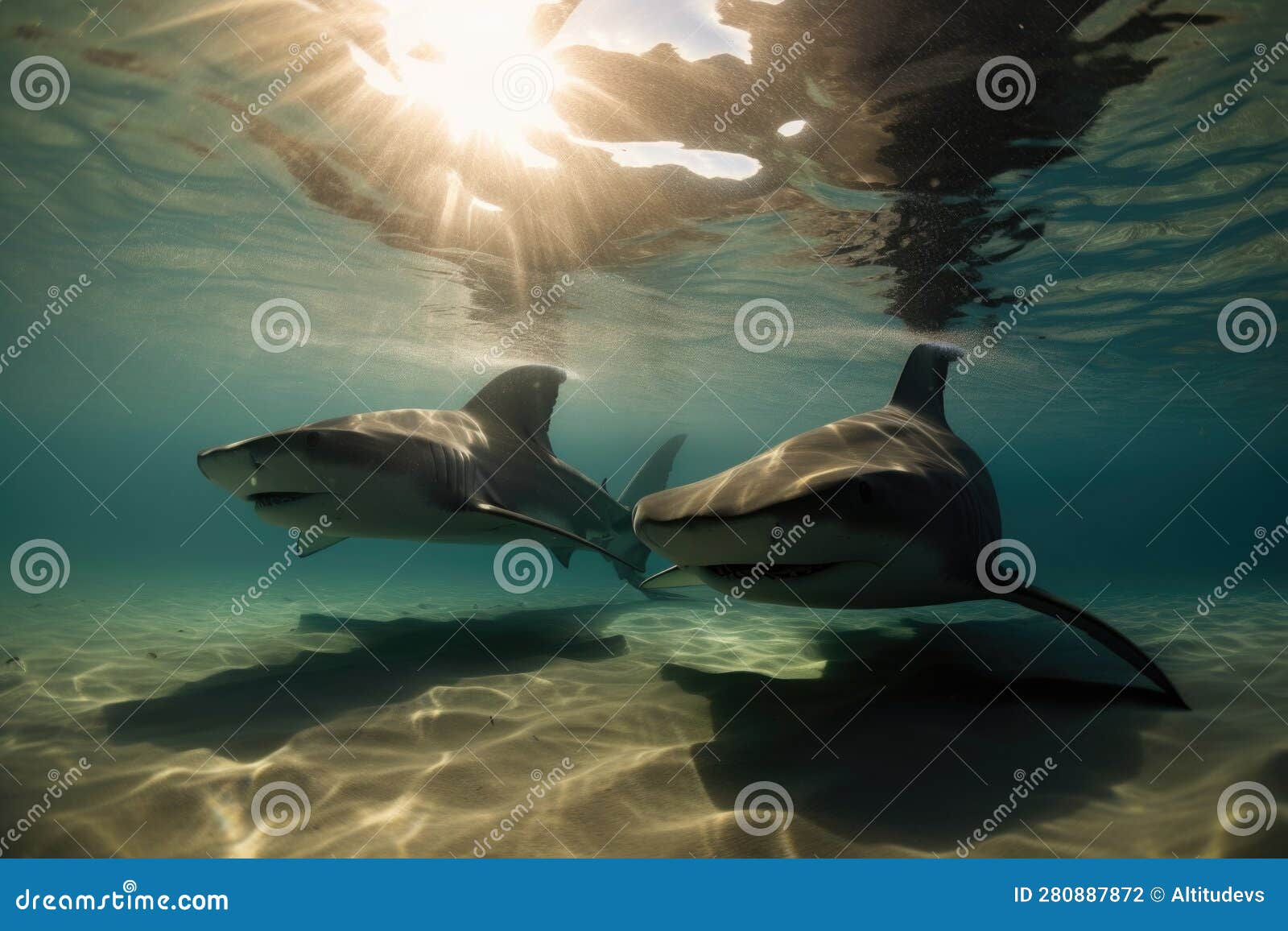 Shark and Ray Swimming Together, Side by Side Stock Illustration ...