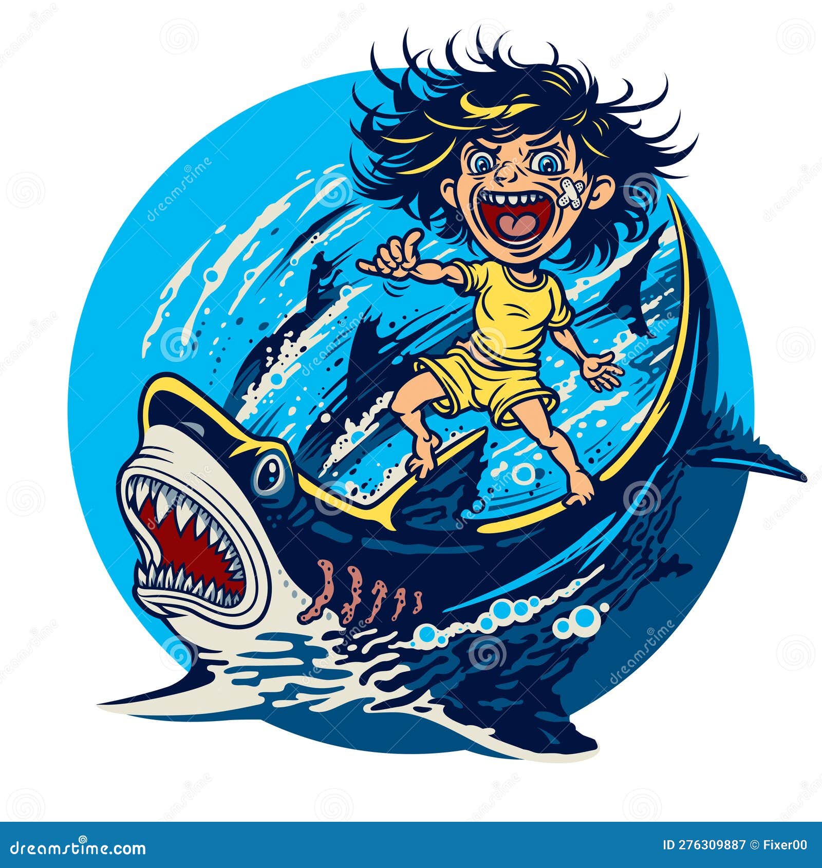 Surfer Boy Riding a Shark on Ocean Wave Stock Vector - Illustration of ...