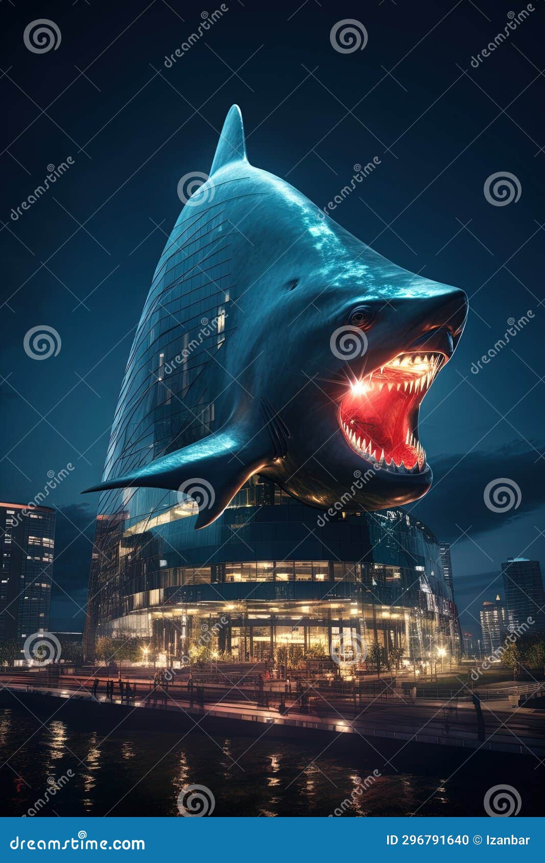 Shark Shape Illuminated Building at Night Illustration Stock ...