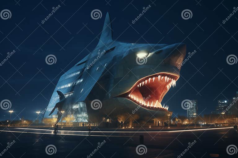 Shark Shape Illuminated Building at Night Illustration Stock ...