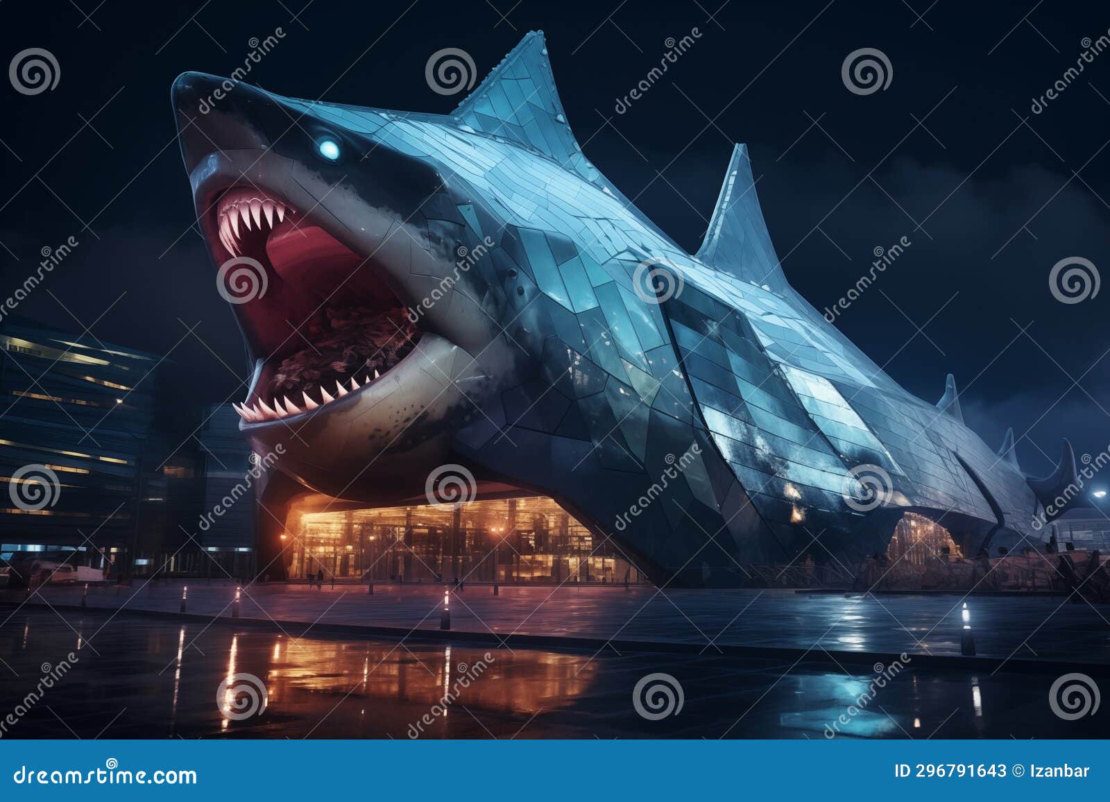 Shark Shape Illuminated Building at Night Illustration Stock ...