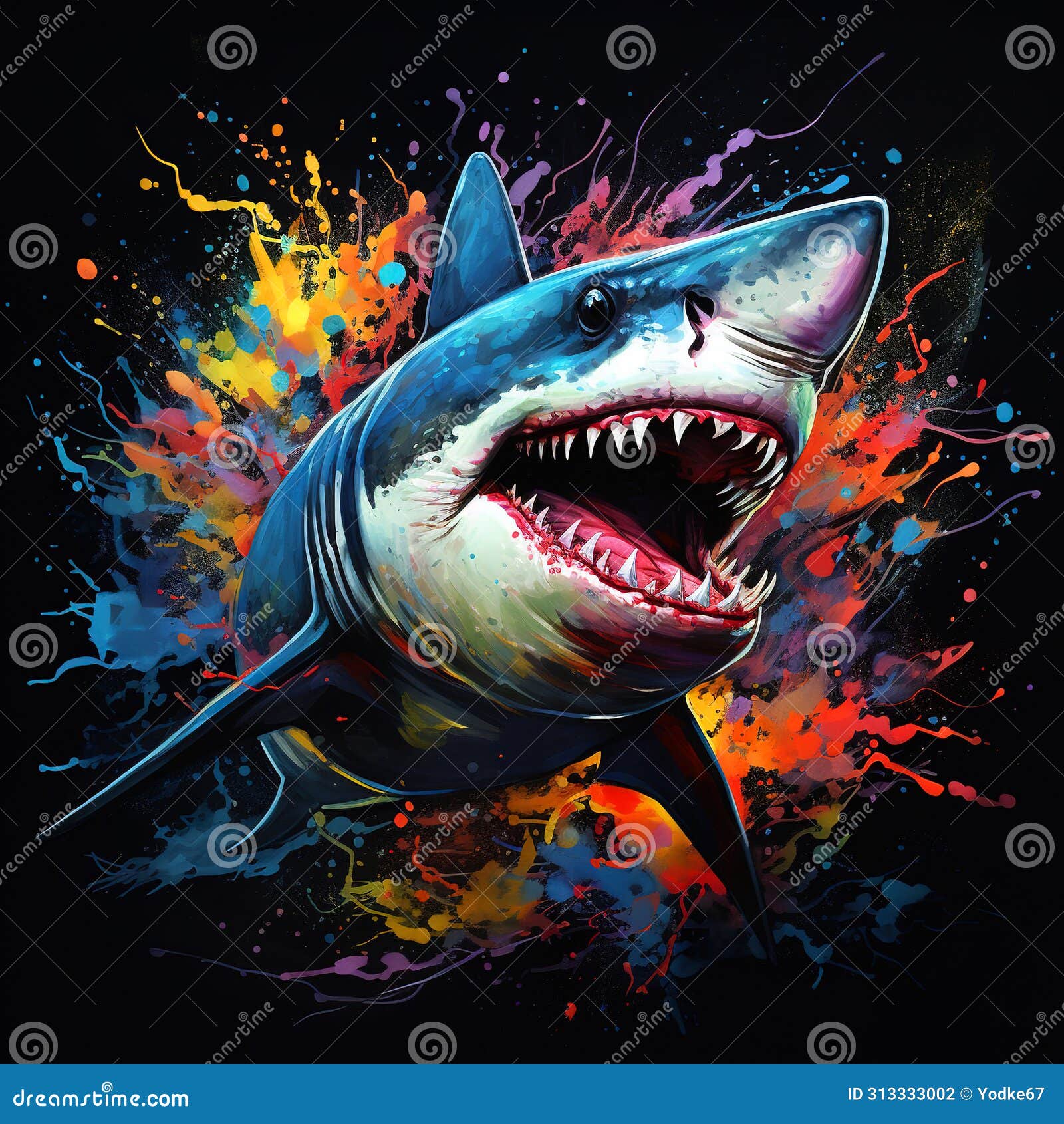 Shark with Sharp Teeth on Black Background. Undersea Animals Stock ...