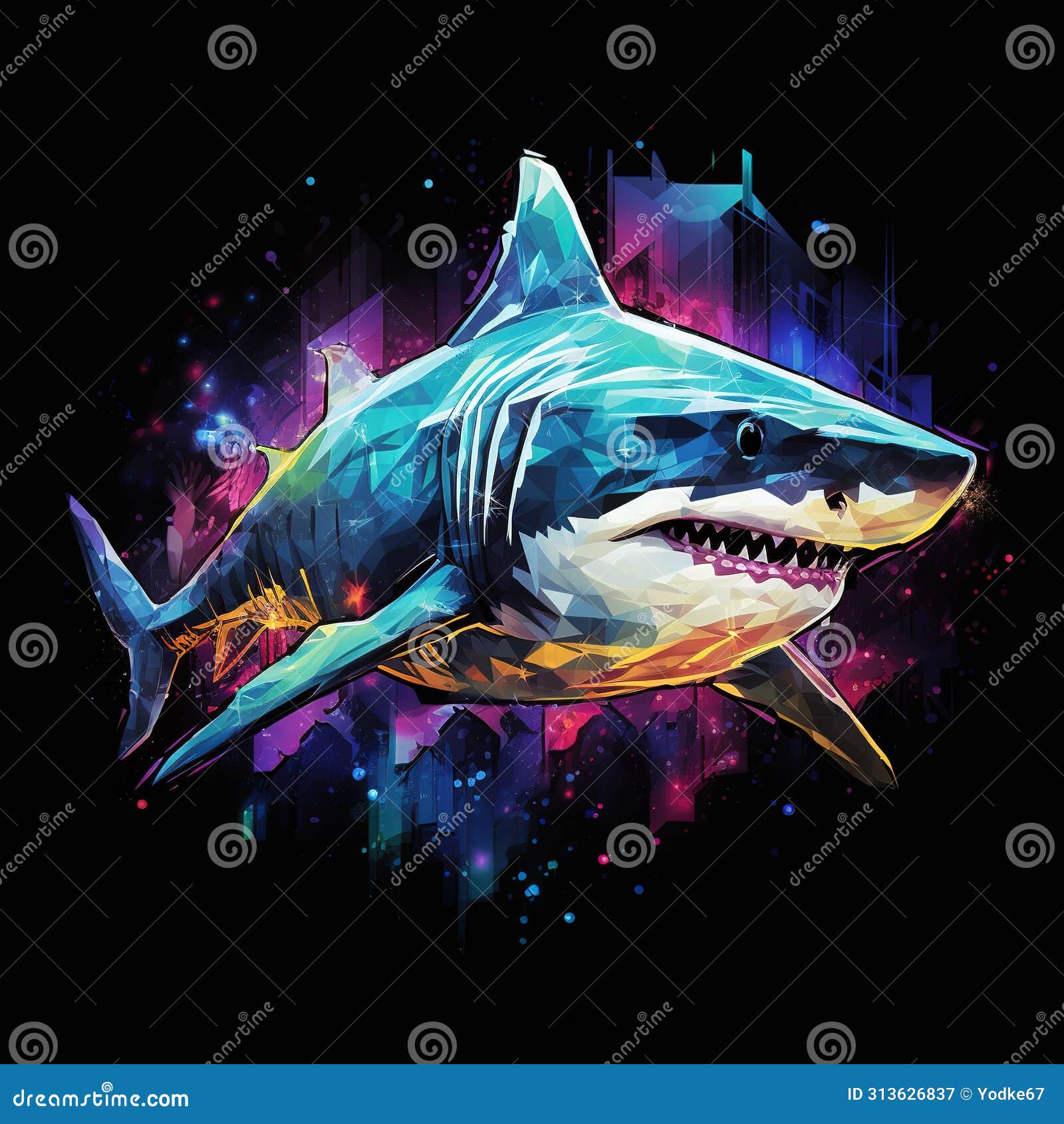 Shark with Sharp Teeth on Black Background. Undersea Animals Stock ...