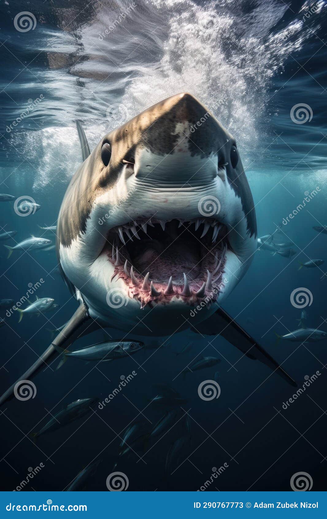 A Shark with Sharp Teeth and a Group of Fish Underwater Stock ...