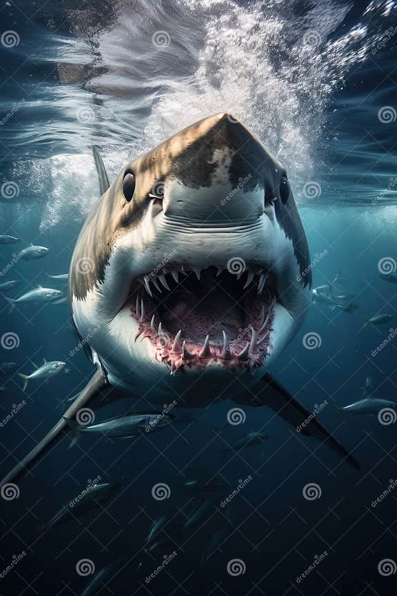A Shark with Sharp Teeth and a Group of Fish Underwater Stock ...