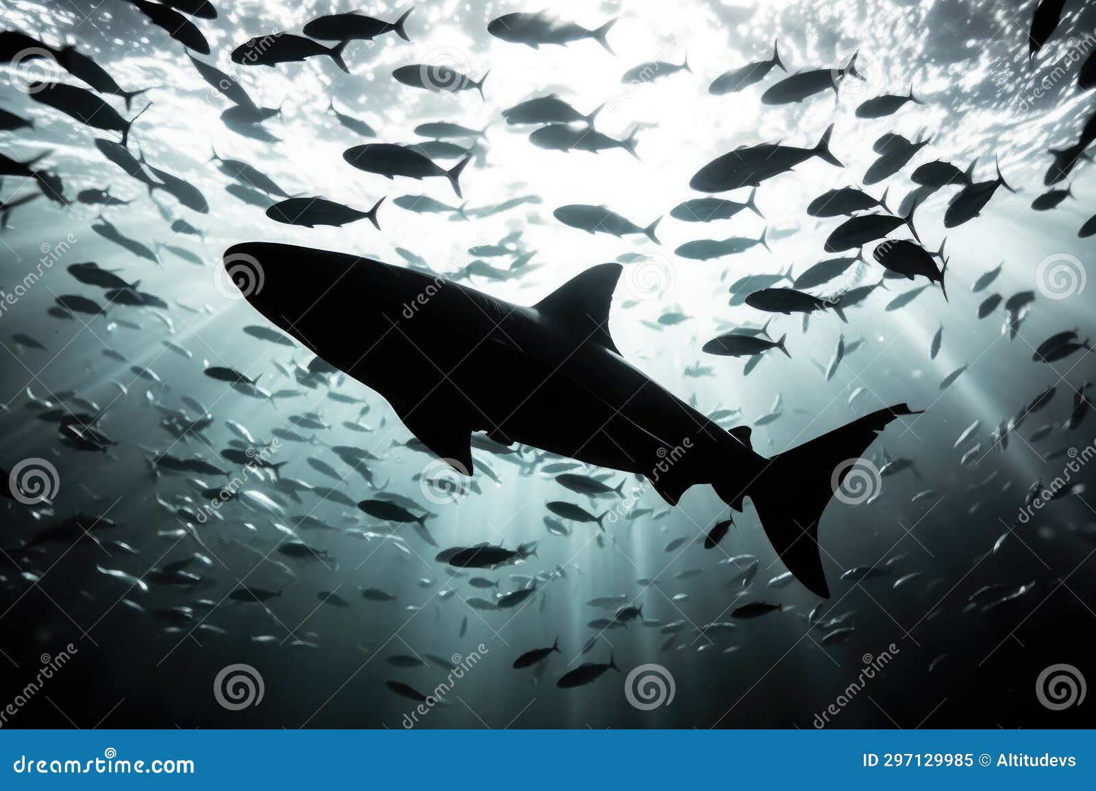 Shark Silhouette Closing in on a School of Fish Underwater Stock Image ...