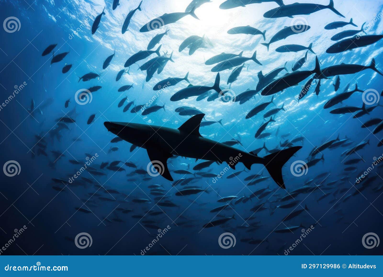 Shark Silhouette Closing In On A School Of Fish Underwater Stock ...