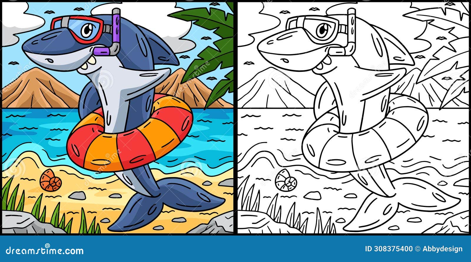 Shark With A Snorkel Float Ring Isolated Coloring Cartoon Vector ...