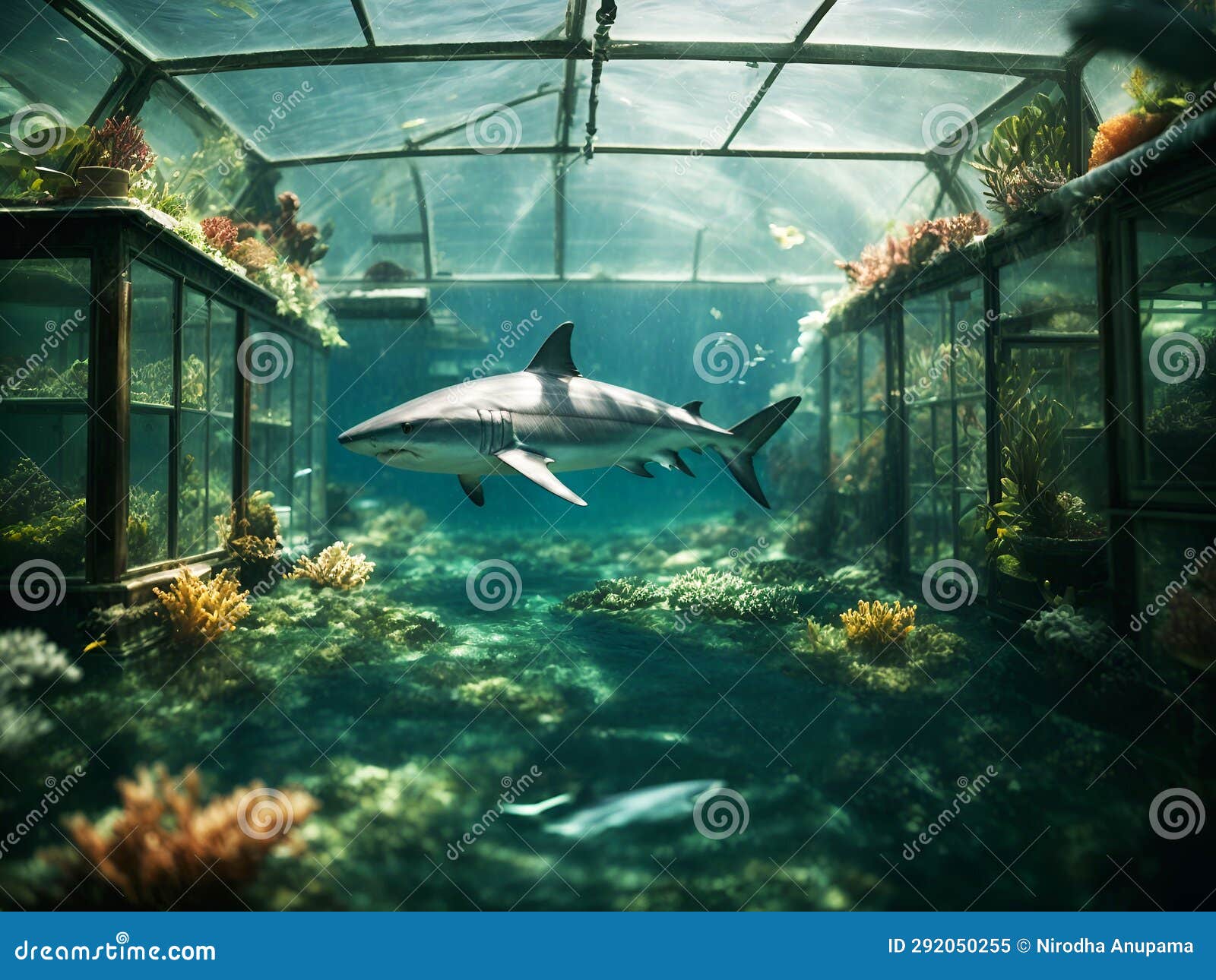A Shark in a Submerged Greenhouse Stock Illustration - Illustration of ...