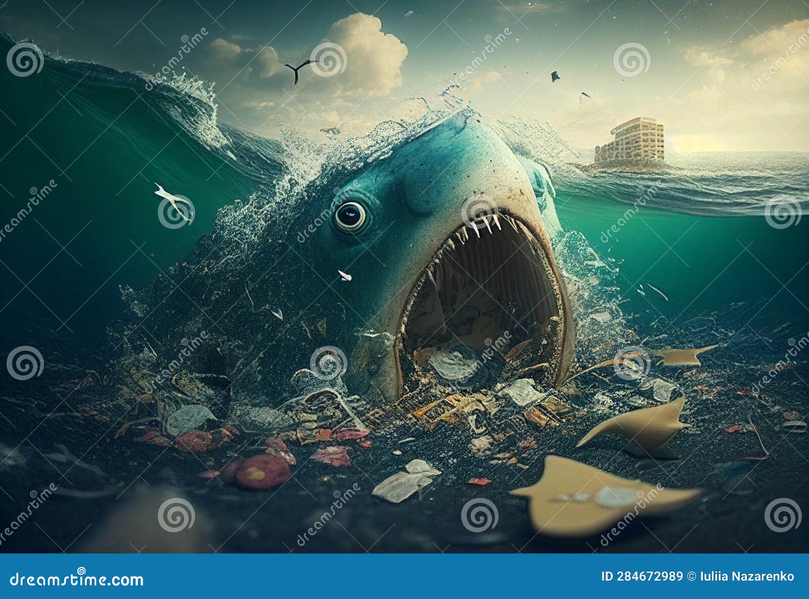 Shark Suffering from Ocean Pollution. AI Generated Stock Illustration ...