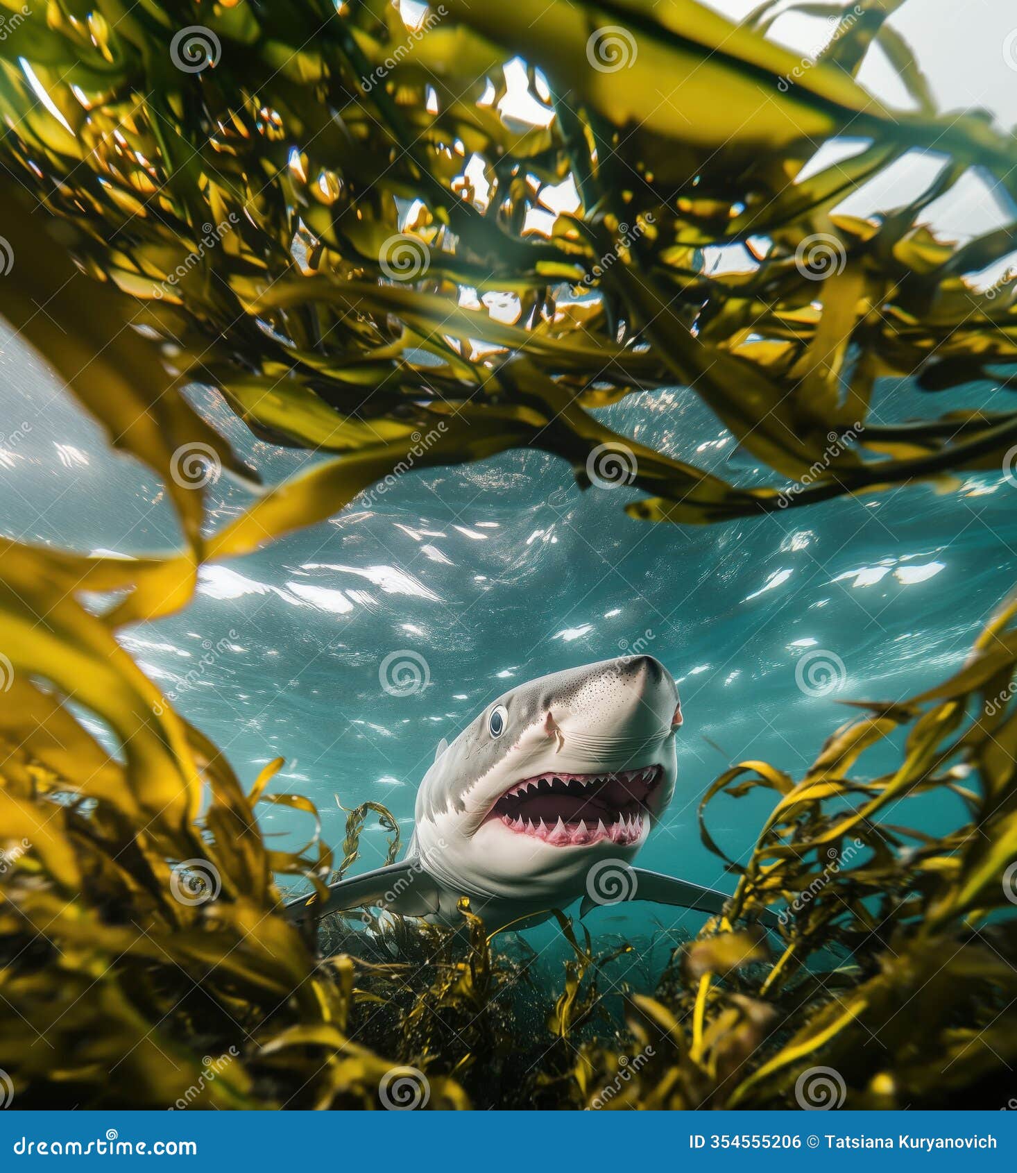 Shark Swimming through Kelp Forest, Showcasing Vibrant Underwater ...