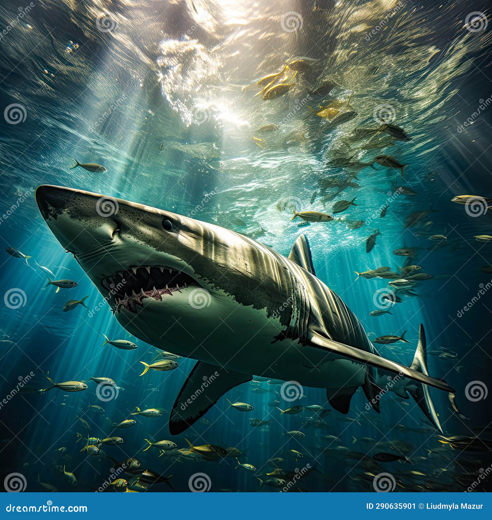 Shark Swims in Ocean among Fish AI Generated Stock Illustration ...
